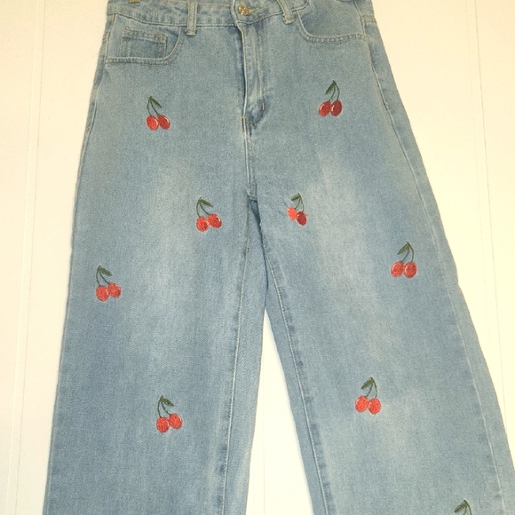 ROMWE | Jeans | Blue Cherry Bottom Flare Jeans Embroidery Wide Leg ...